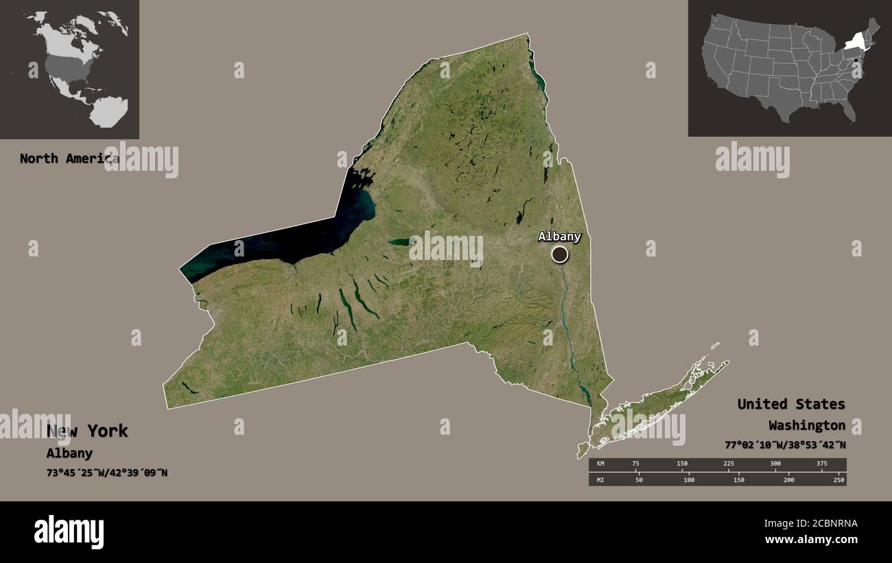 Shape of New York, state of Mainland United States, and its capital ...