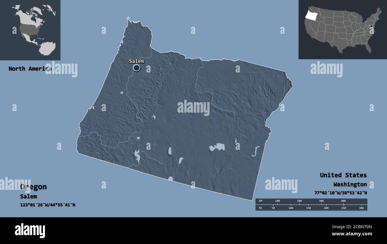 Shape of Oregon, state of Mainland United States, and its capital ...