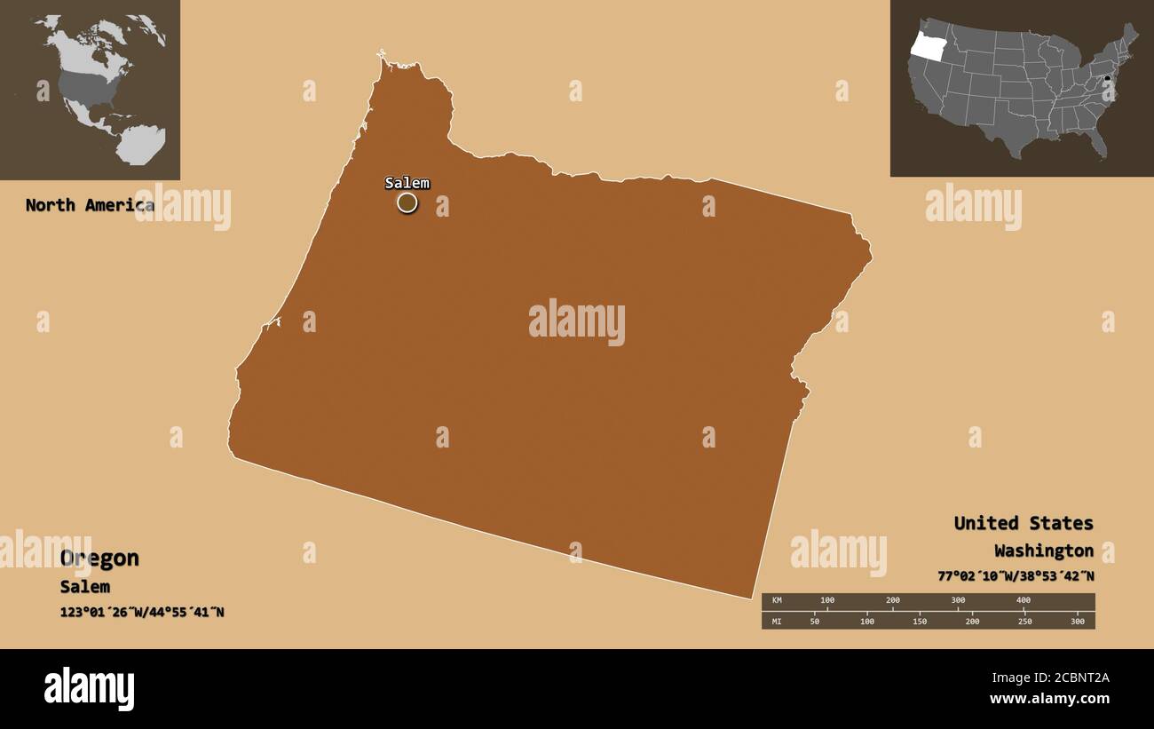 Shape of Oregon, state of Mainland United States, and its capital ...
