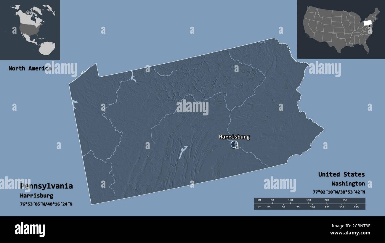 Shape of Pennsylvania, state of Mainland United States, and its capital ...
