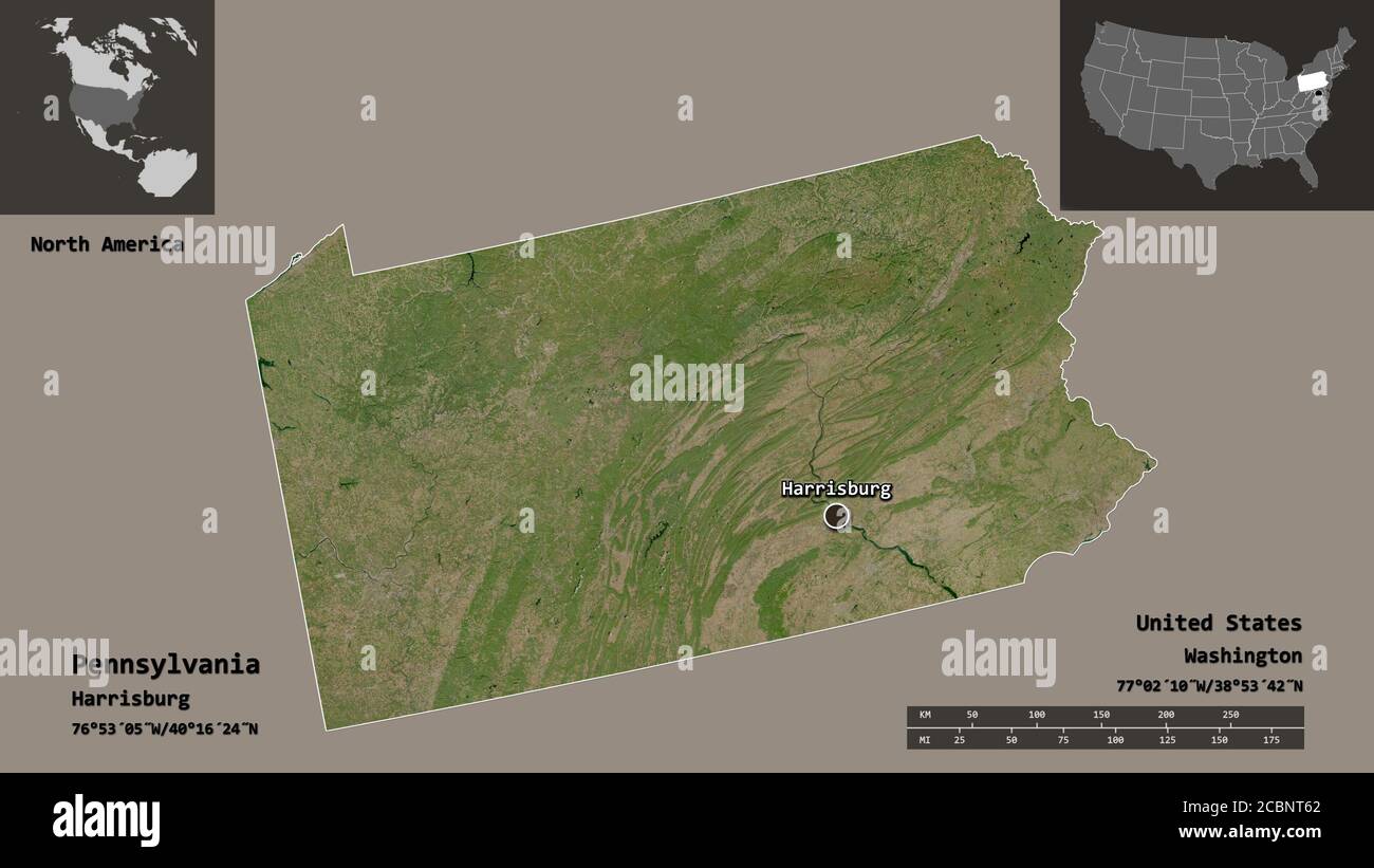 Shape of Pennsylvania, state of Mainland United States, and its capital ...