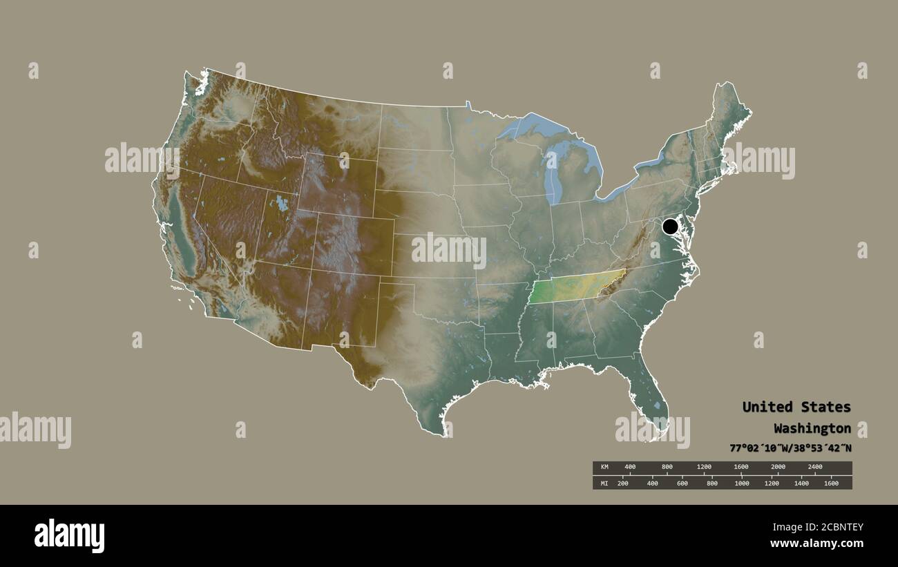 Desaturated shape of Mainland United States with its capital, main ...