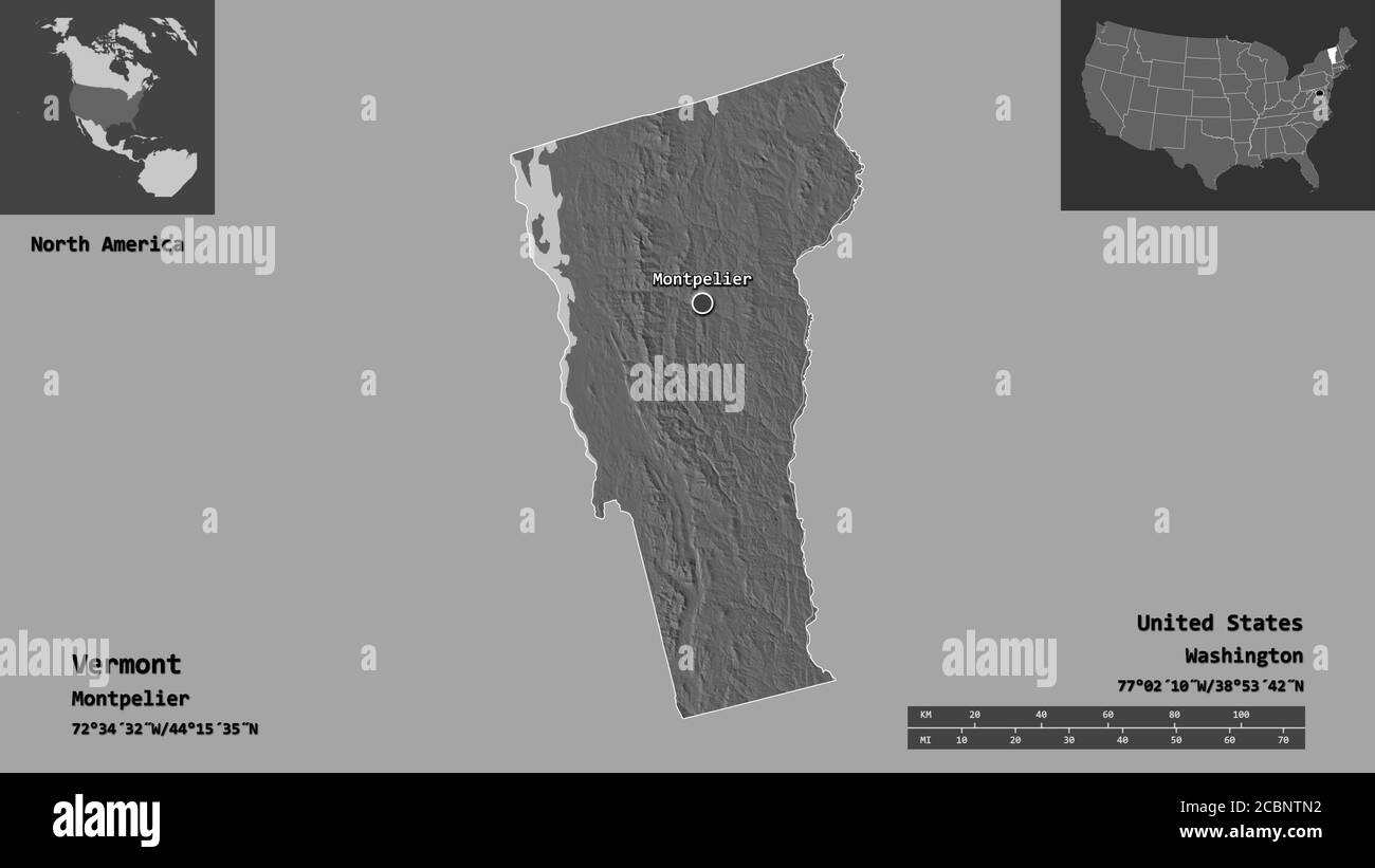 Shape of Vermont, state of Mainland United States, and its capital ...