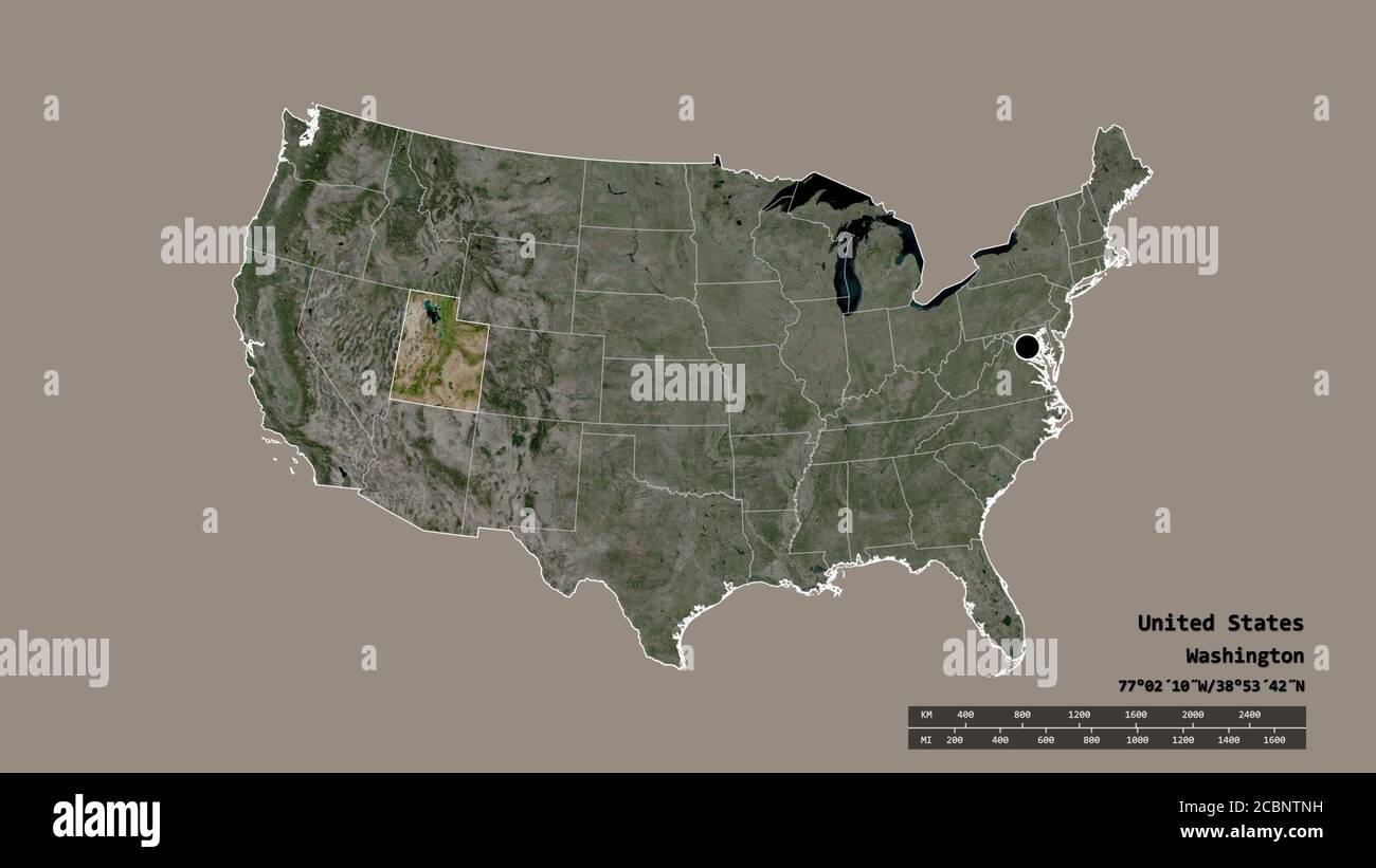 Desaturated shape of Mainland United States with its capital, main ...