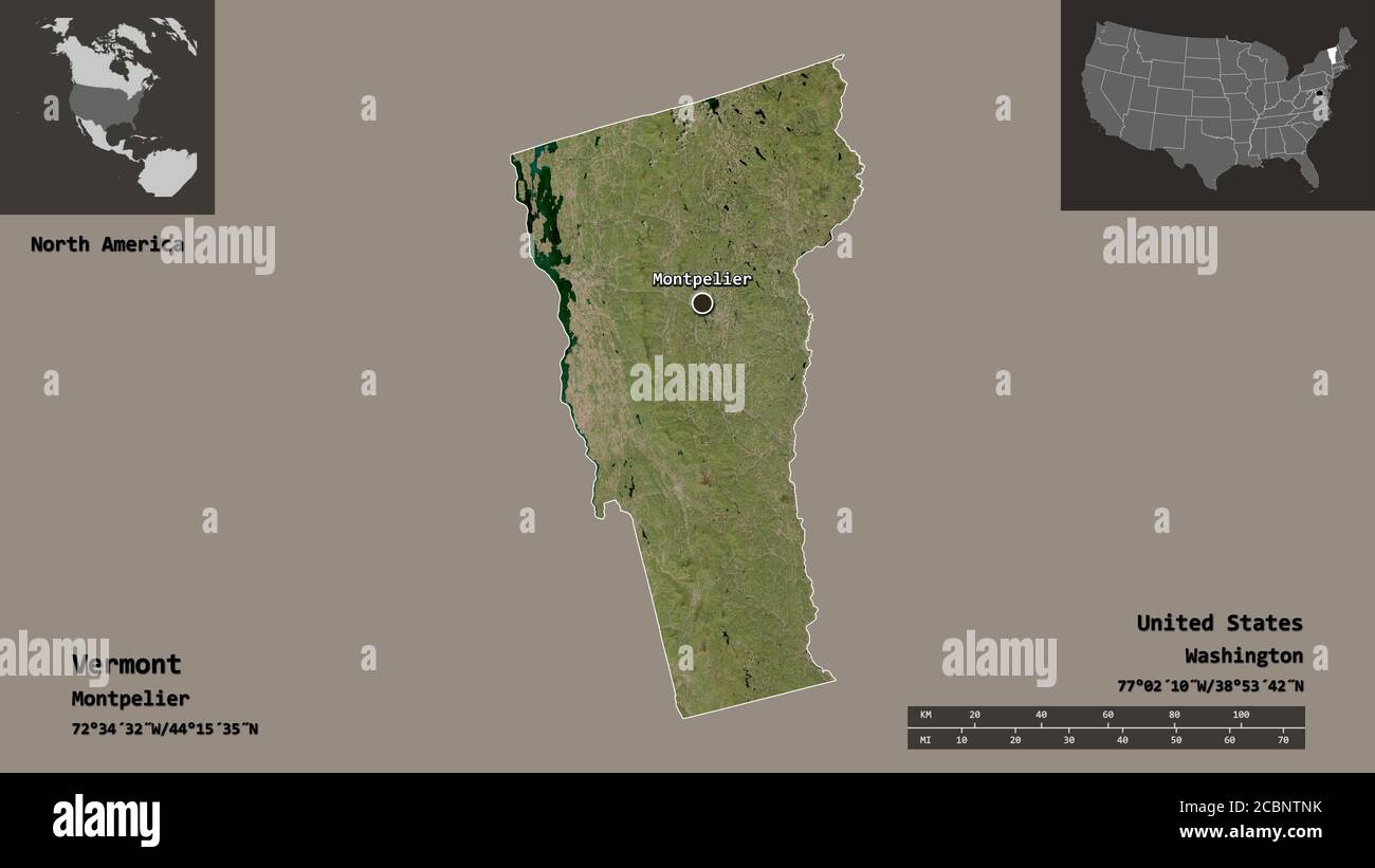 Shape of Vermont, state of Mainland United States, and its capital ...