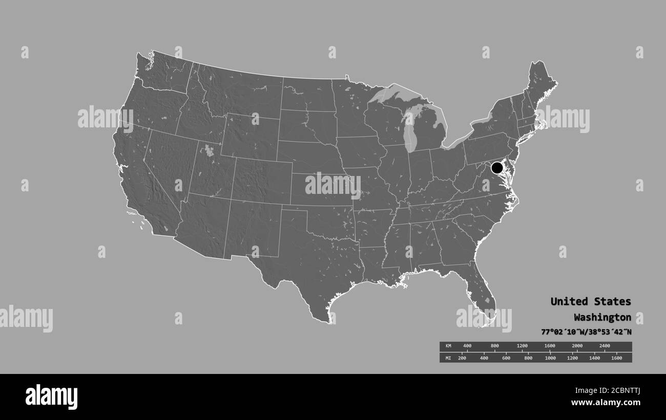 Desaturated shape of Mainland United States with its capital, main ...