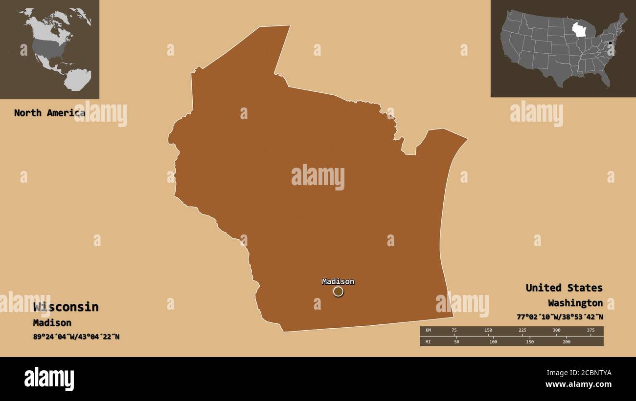 Shape of Wisconsin, state of Mainland United States, and its capital ...