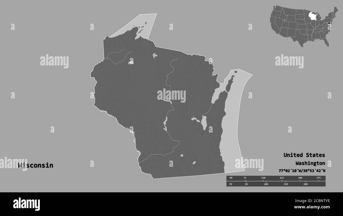 Shape of Wisconsin, state of Mainland United States, with its capital ...
