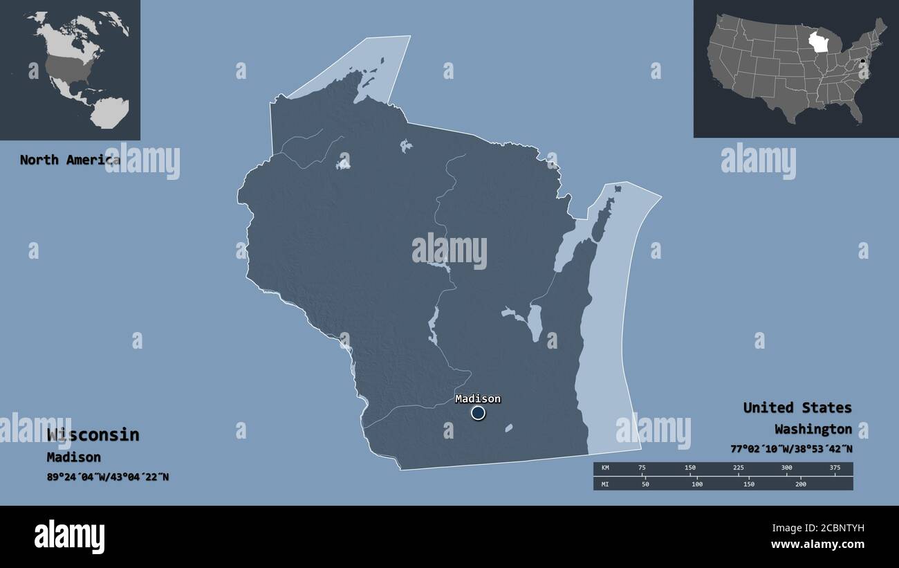 Shape of Wisconsin, state of Mainland United States, and its capital ...