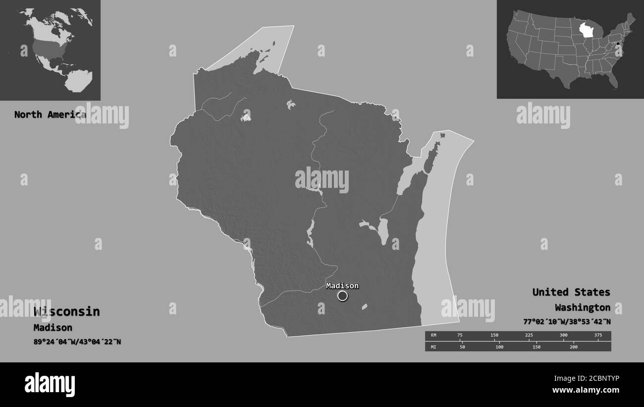 Shape of Wisconsin, state of Mainland United States, and its capital ...
