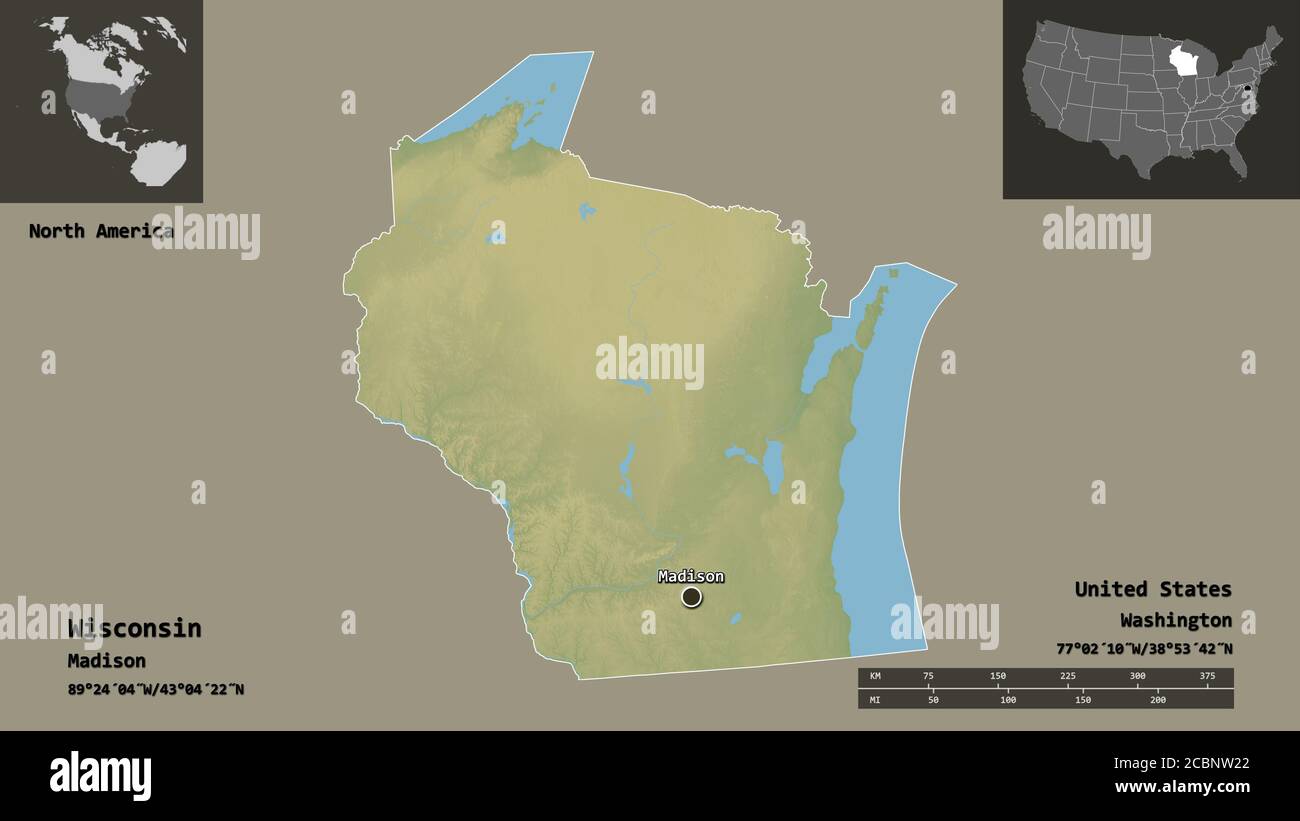Shape of Wisconsin, state of Mainland United States, and its capital ...