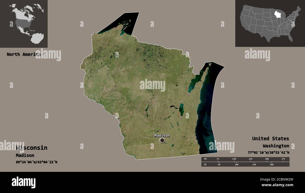 Shape of Wisconsin, state of Mainland United States, and its capital ...