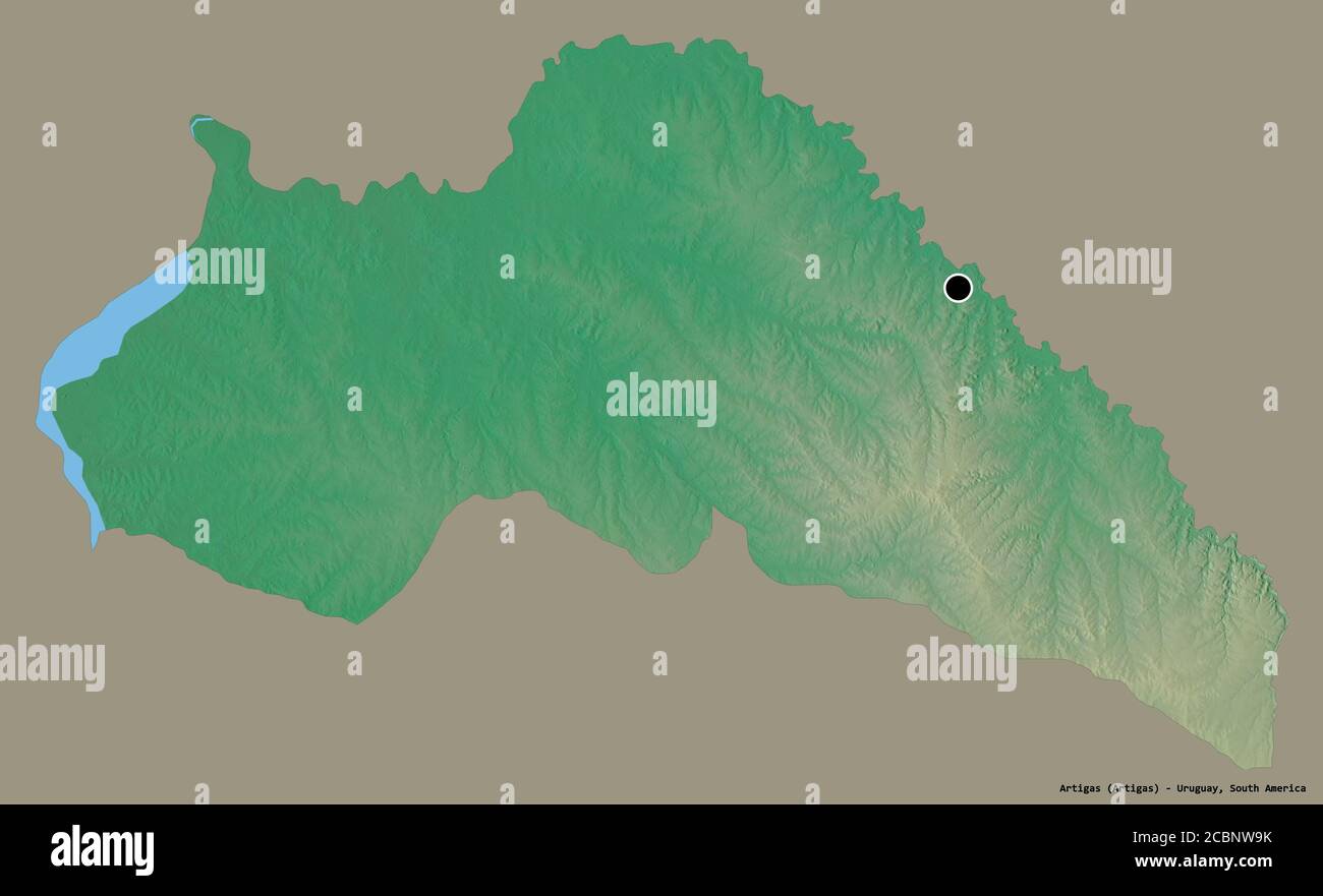 Shape of Artigas, department of Uruguay, with its capital isolated on a ...