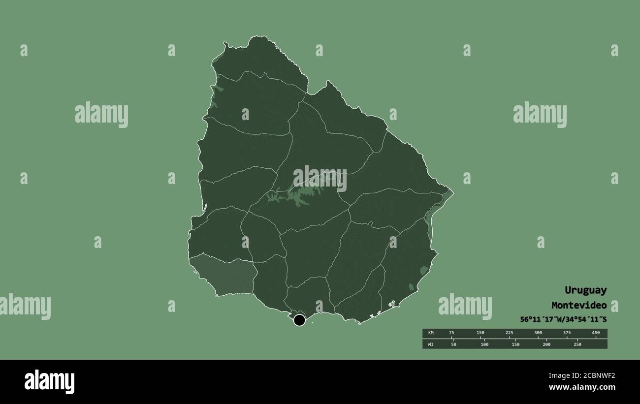 Desaturated shape of Uruguay with its capital, main regional division ...