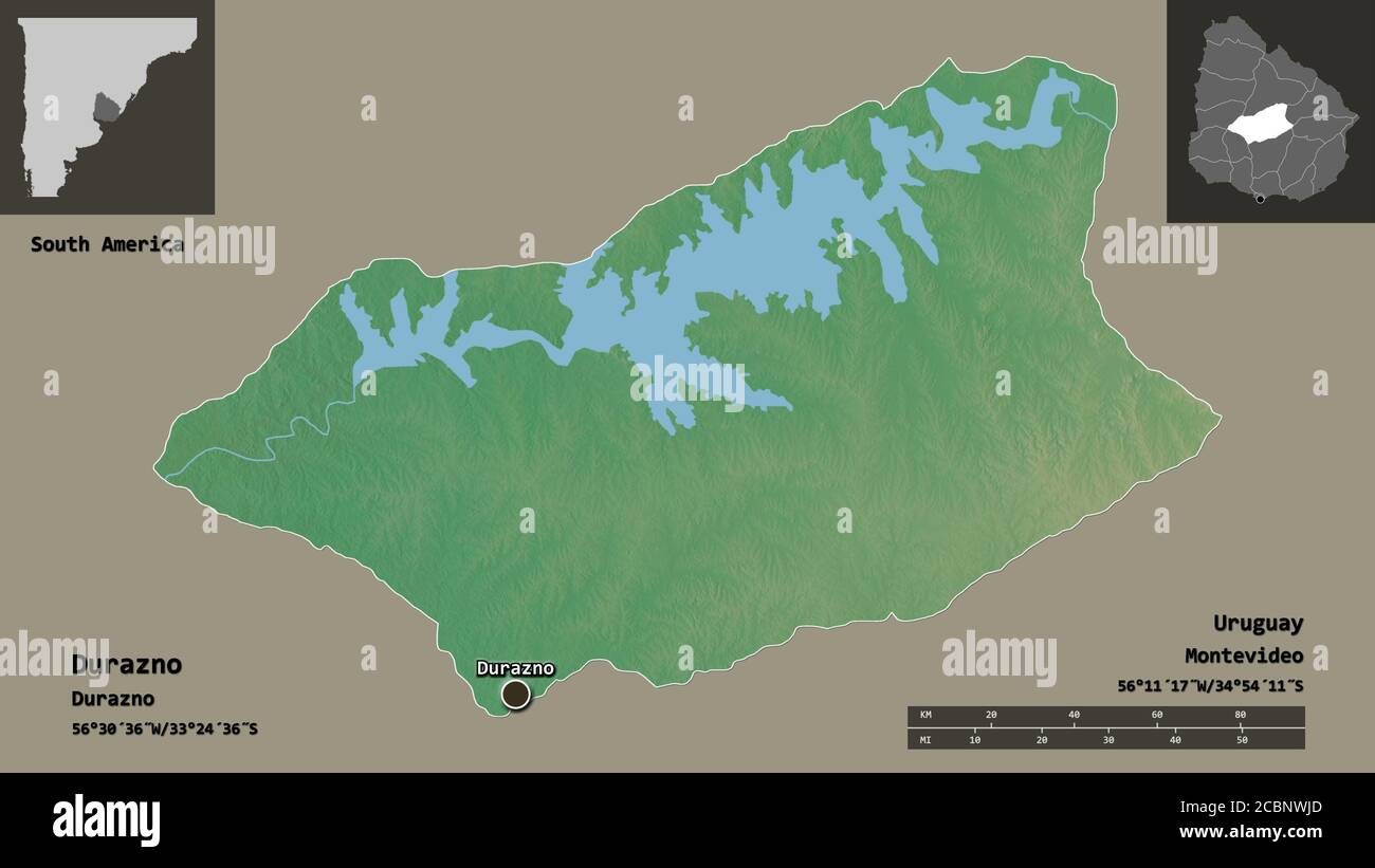 Shape of Durazno, department of Uruguay, and its capital. Distance ...