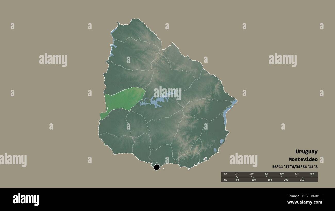 Desaturated shape of Uruguay with its capital, main regional division ...