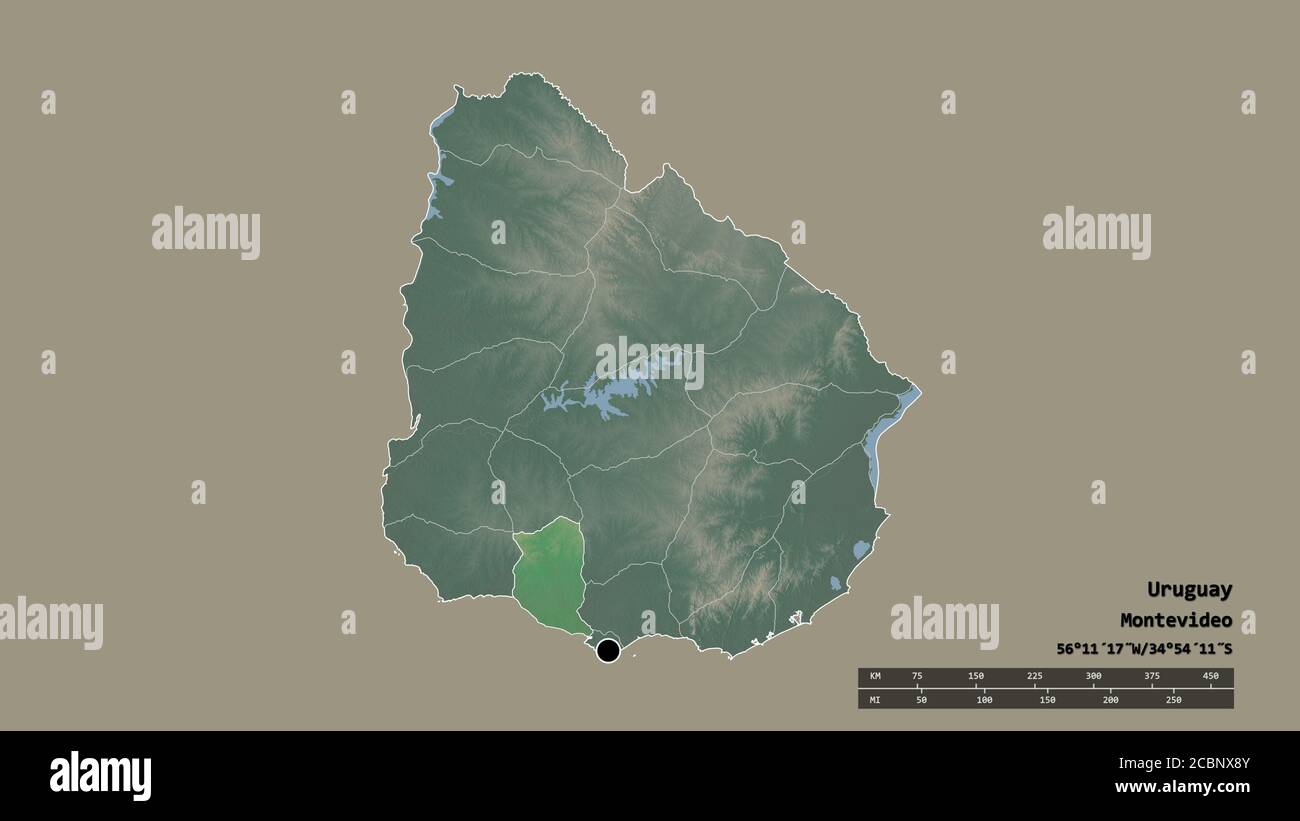 Desaturated shape of Uruguay with its capital, main regional division ...