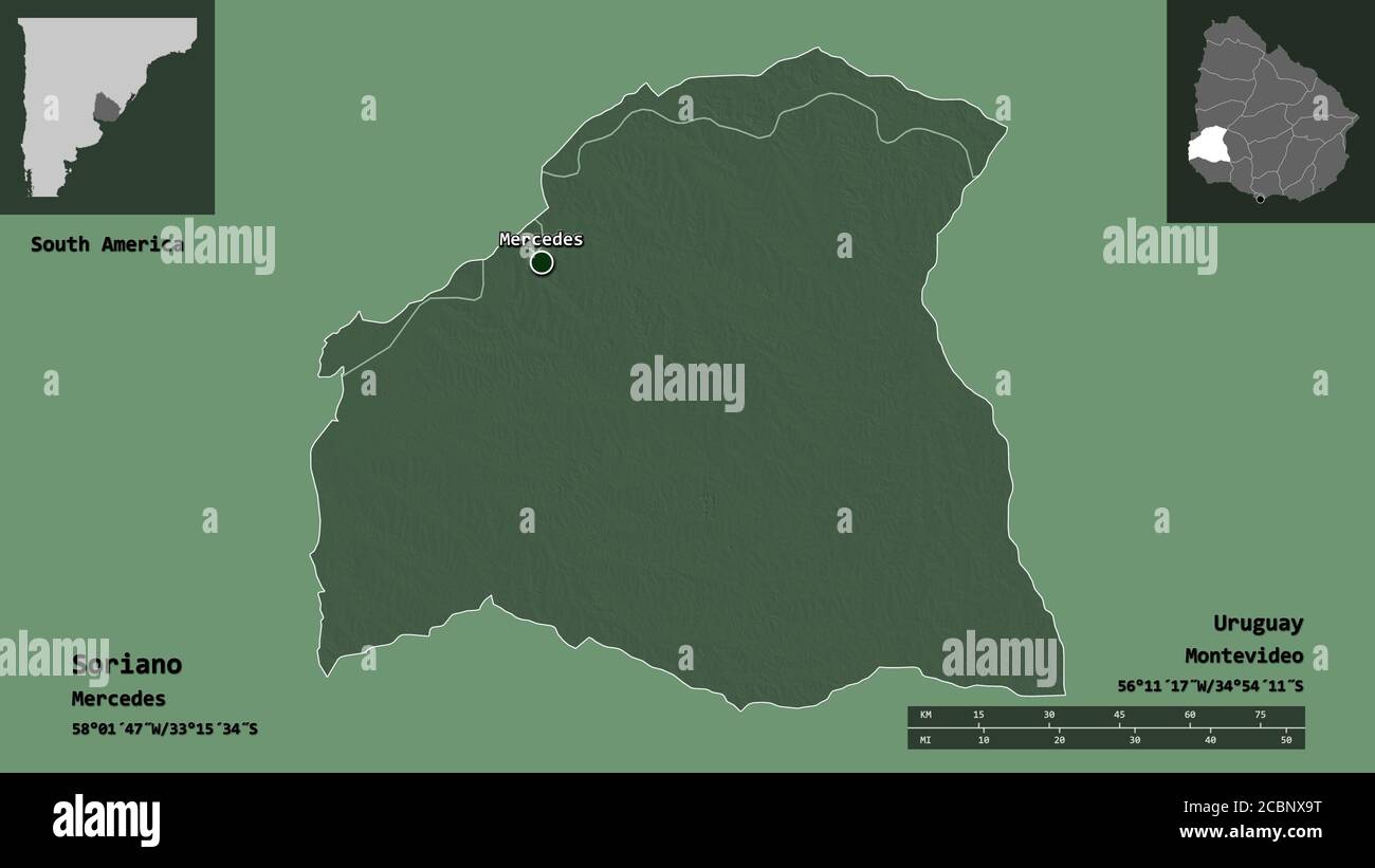 Shape of Soriano, department of Uruguay, and its capital. Distance ...
