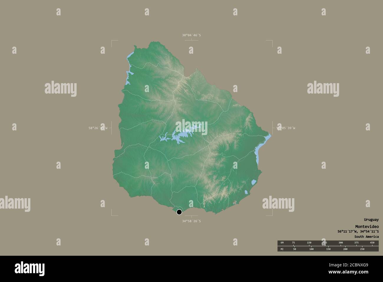 Area of Uruguay isolated on a solid background in a georeferenced ...
