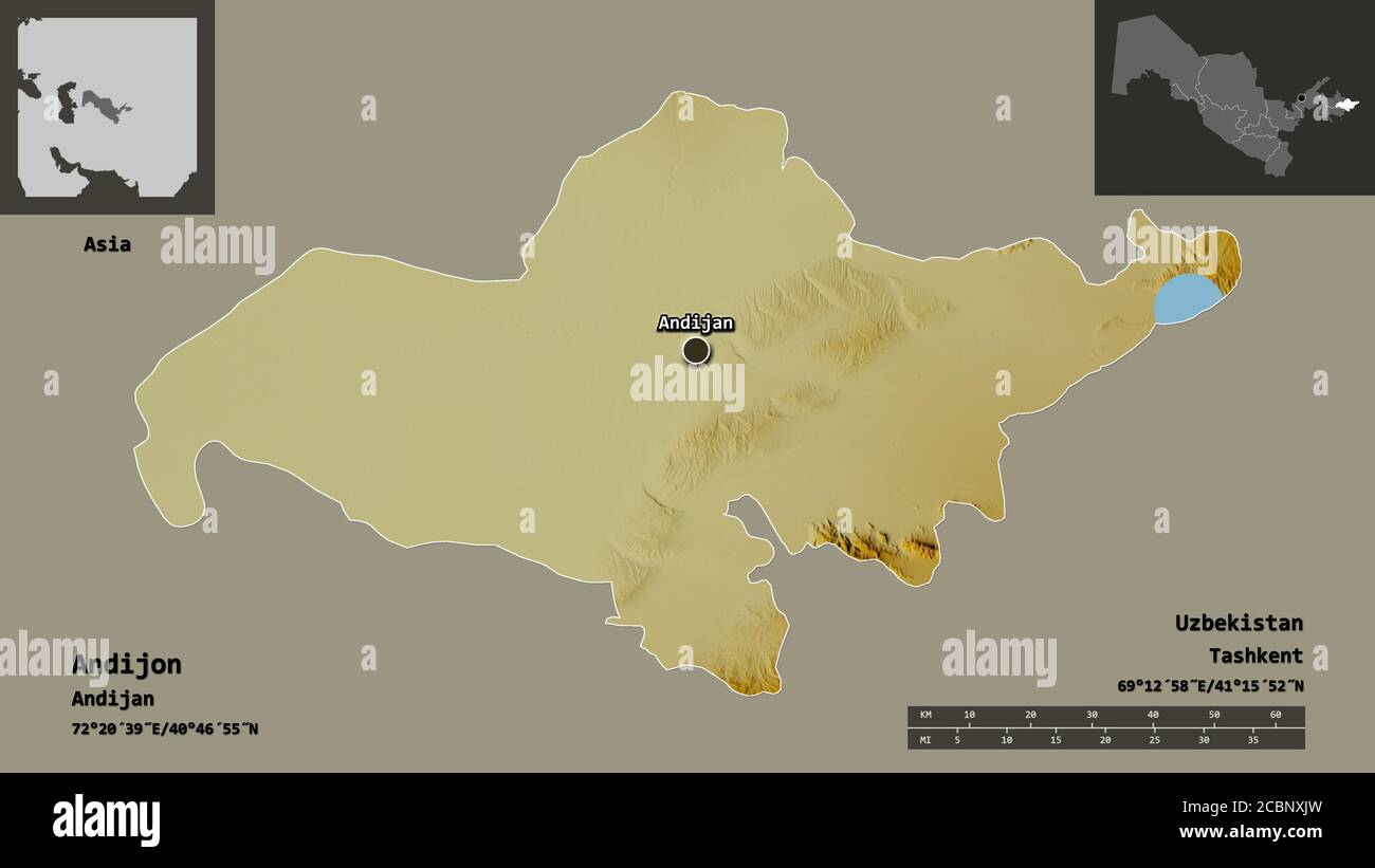 Shape of Andijon, region of Uzbekistan, and its capital. Distance scale ...