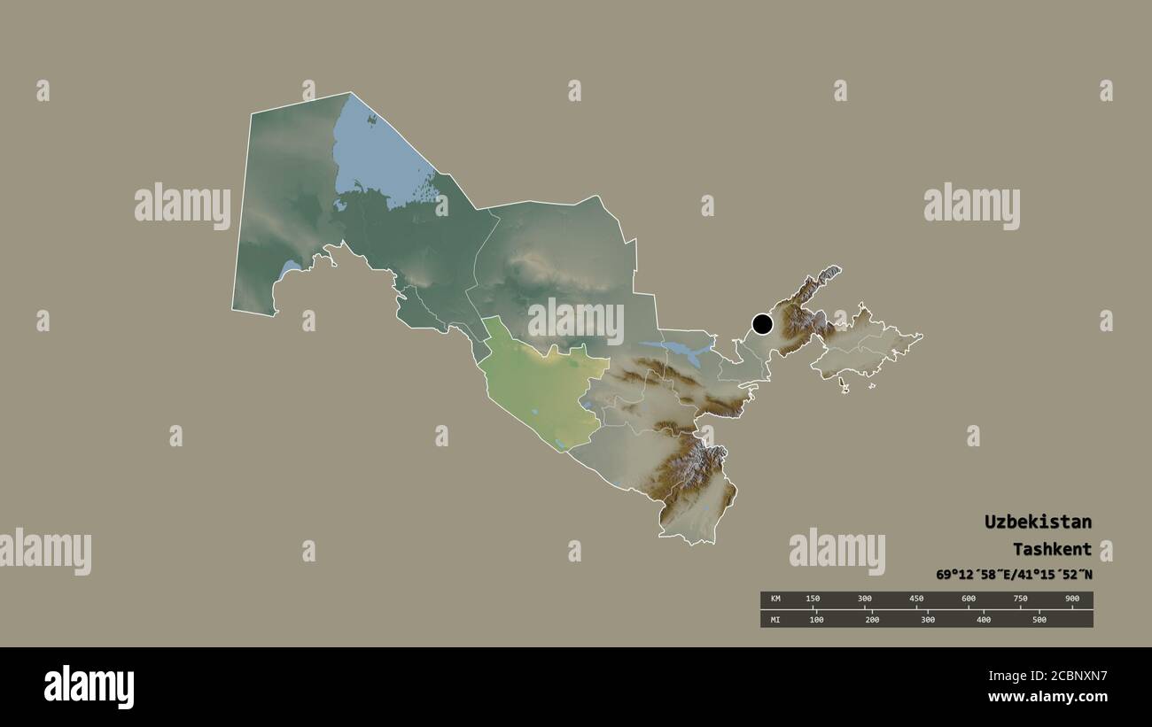 Desaturated shape of Uzbekistan with its capital, main regional ...