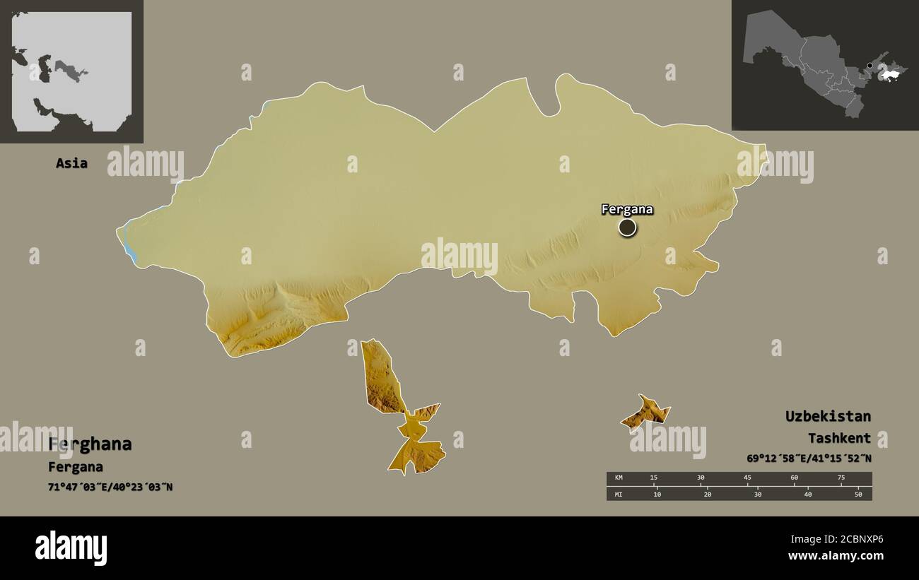 Shape of Ferghana, region of Uzbekistan, and its capital. Distance ...