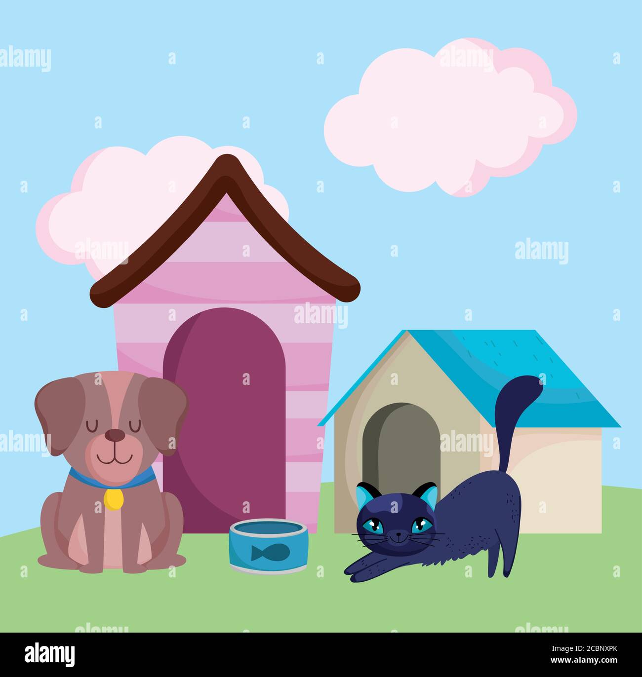 pet shop, brown dog and cat with houses and food animals domestic ...