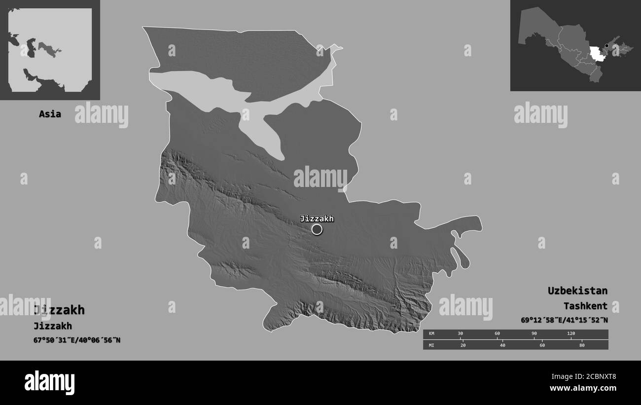 Shape of Jizzakh, region of Uzbekistan, and its capital. Distance scale ...