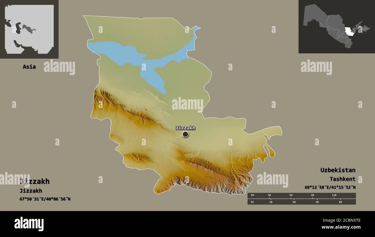 Shape of Jizzakh, region of Uzbekistan, and its capital. Distance scale ...