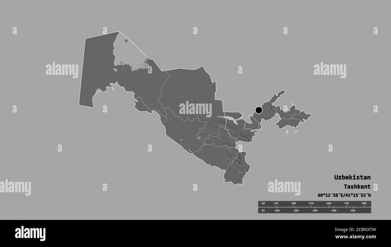 Desaturated shape of Uzbekistan with its capital, main regional ...