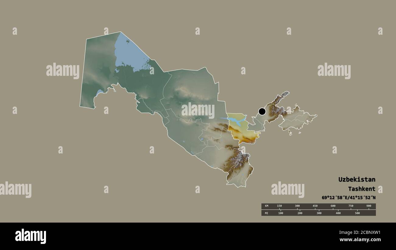 Desaturated shape of Uzbekistan with its capital, main regional ...