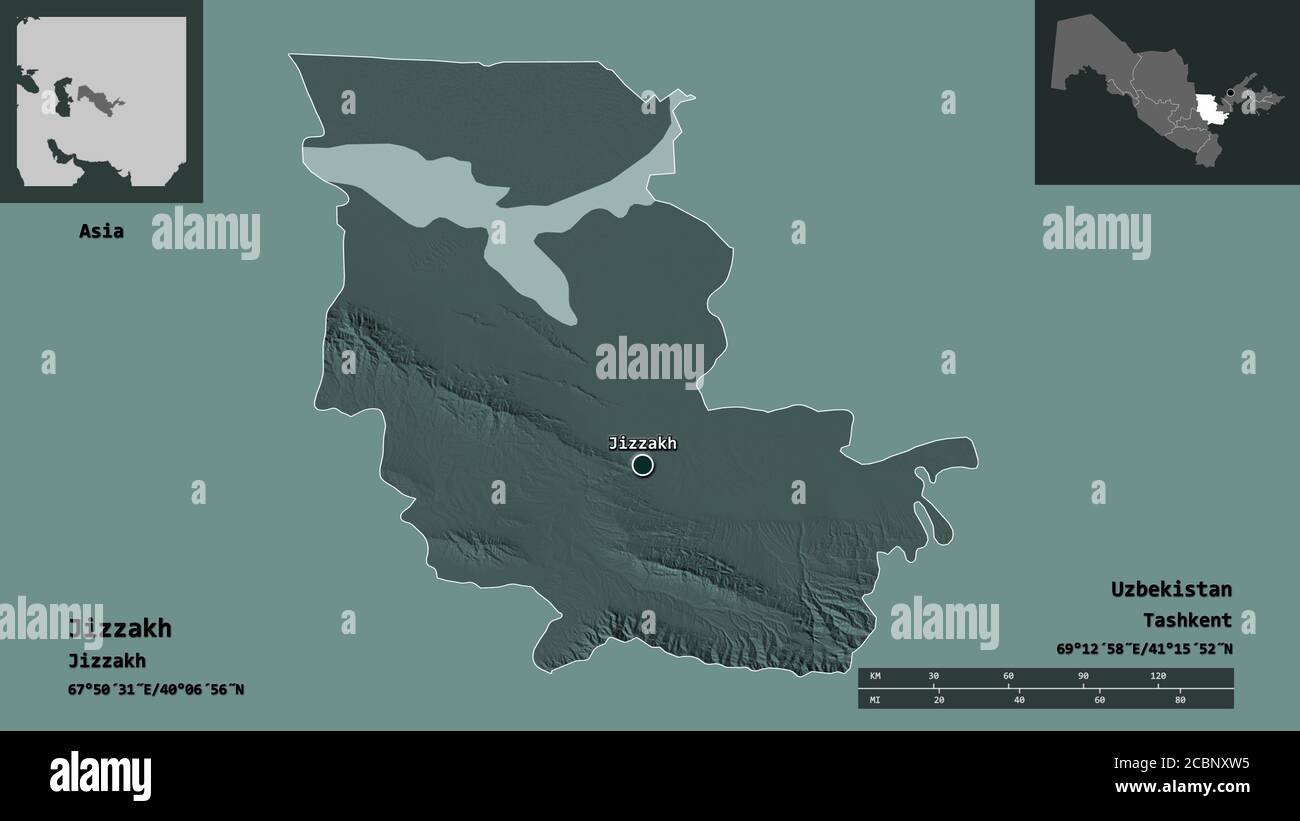Shape of Jizzakh, region of Uzbekistan, and its capital. Distance scale ...