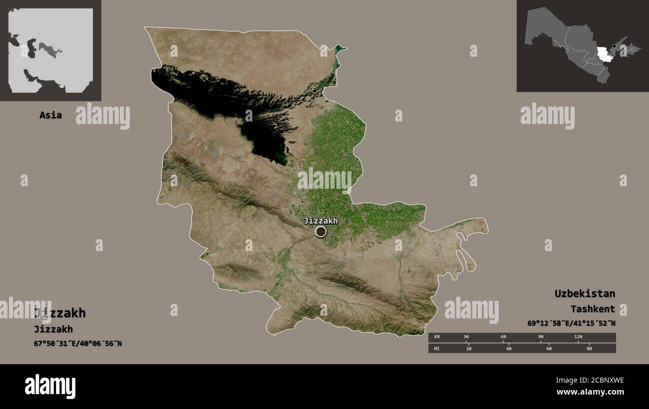 Shape of Jizzakh, region of Uzbekistan, and its capital. Distance scale ...