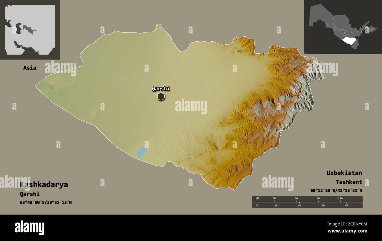 Shape of Kashkadarya, region of Uzbekistan, and its capital. Distance ...