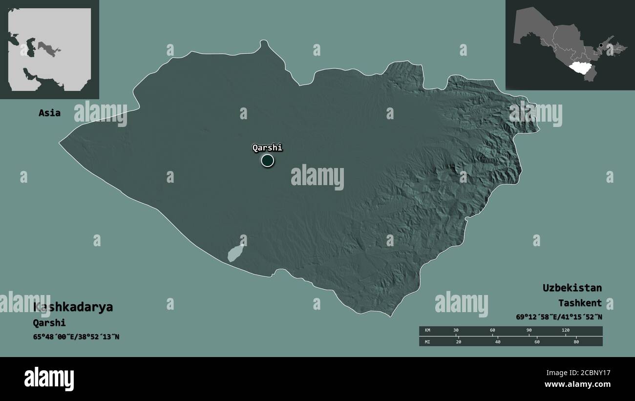 Shape of Kashkadarya, region of Uzbekistan, and its capital. Distance ...