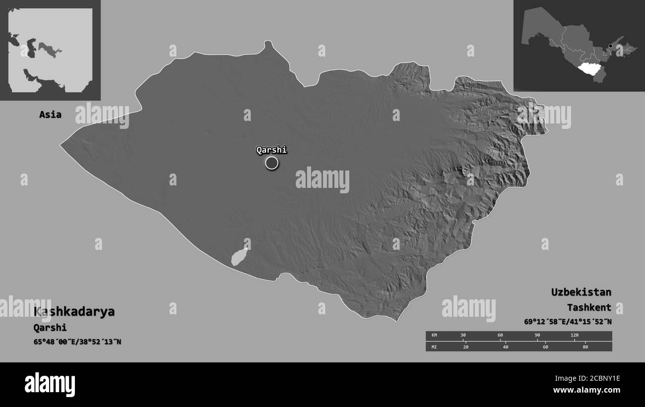 Shape of Kashkadarya, region of Uzbekistan, and its capital. Distance ...