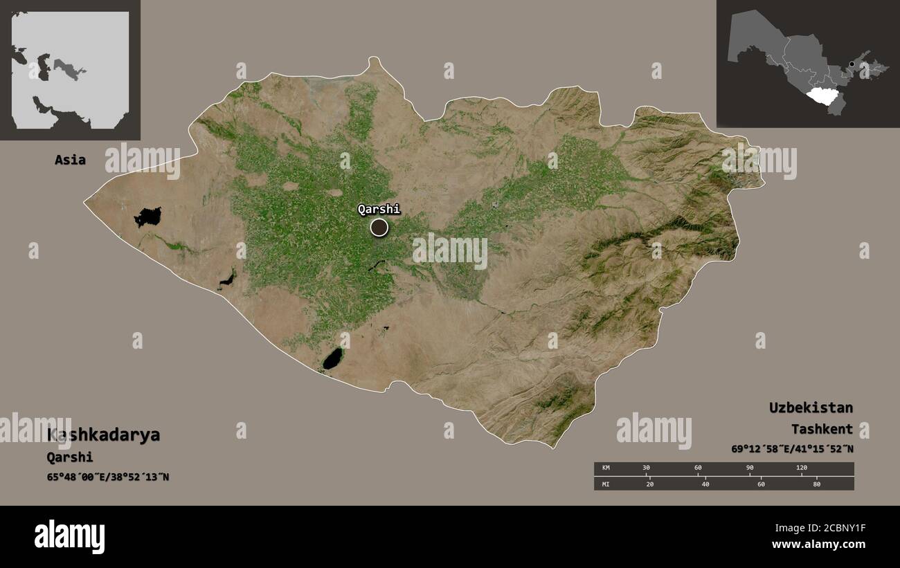 Shape of Kashkadarya, region of Uzbekistan, and its capital. Distance ...