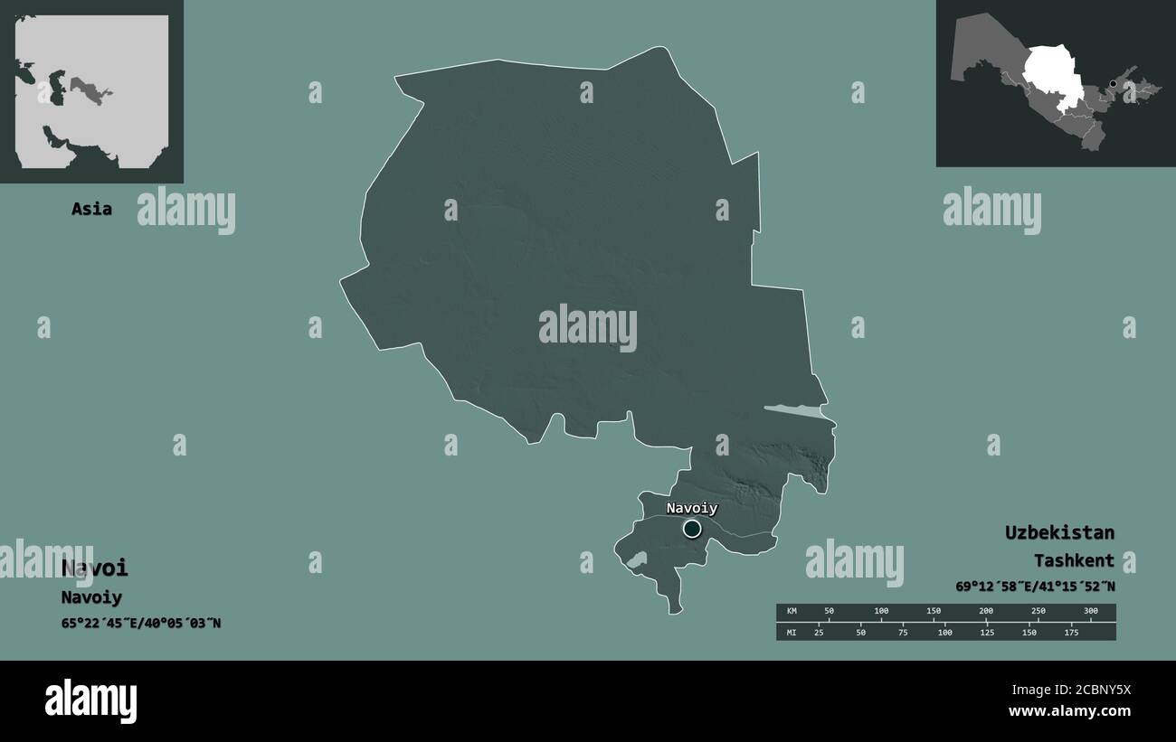 Shape of Navoi, region of Uzbekistan, and its capital. Distance scale ...