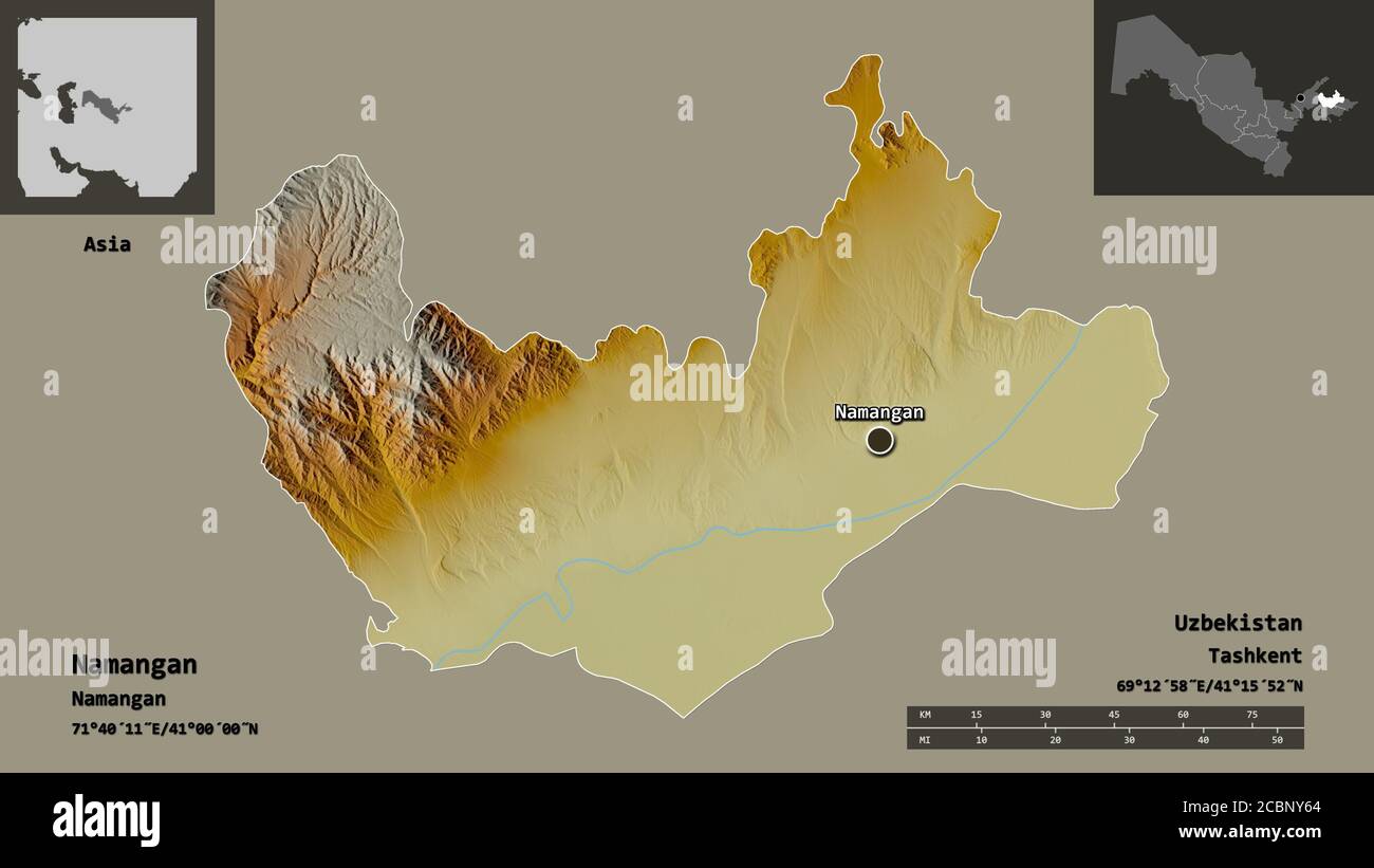 Shape of Namangan, region of Uzbekistan, and its capital. Distance ...