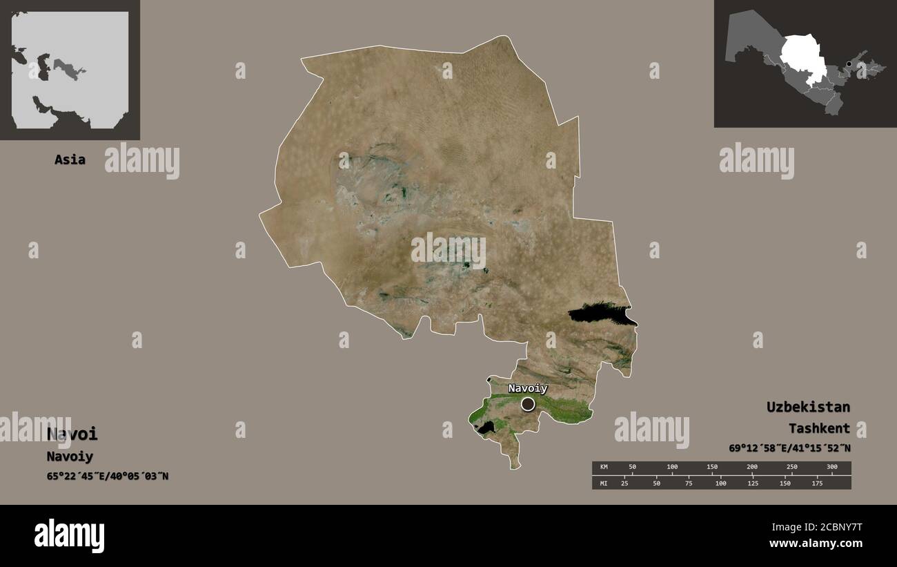 Shape of Navoi, region of Uzbekistan, and its capital. Distance scale ...