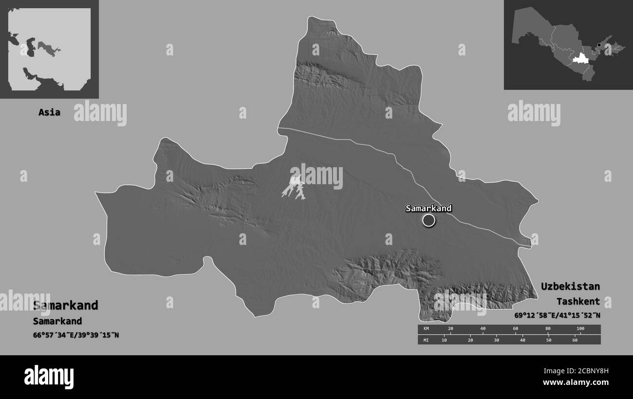 Shape of Samarkand, region of Uzbekistan, and its capital. Distance ...