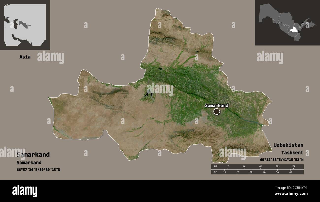 Shape of Samarkand, region of Uzbekistan, and its capital. Distance ...