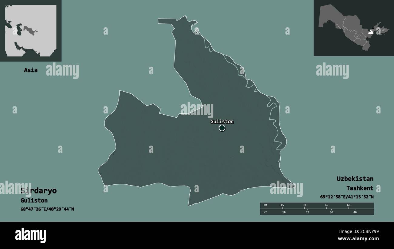 Shape of Sirdaryo, region of Uzbekistan, and its capital. Distance ...
