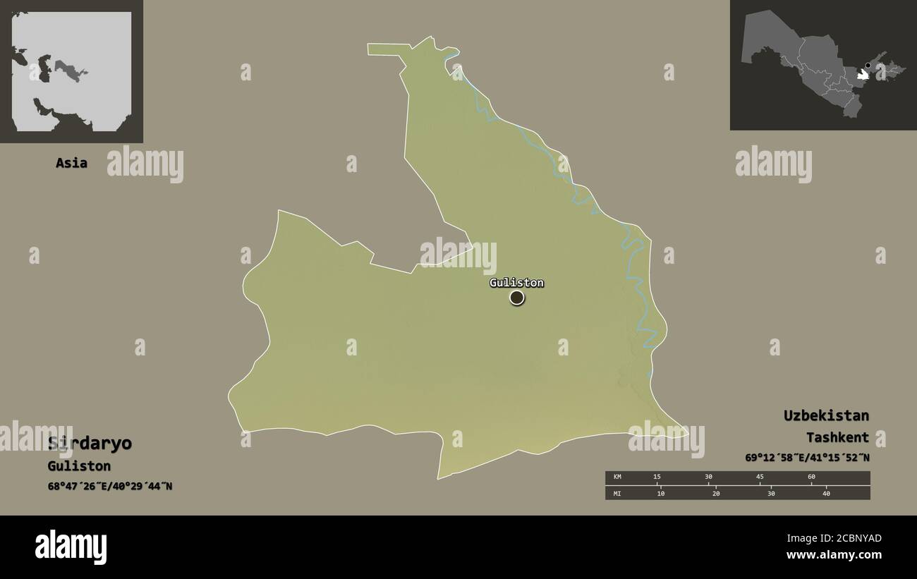 Shape of Sirdaryo, region of Uzbekistan, and its capital. Distance ...