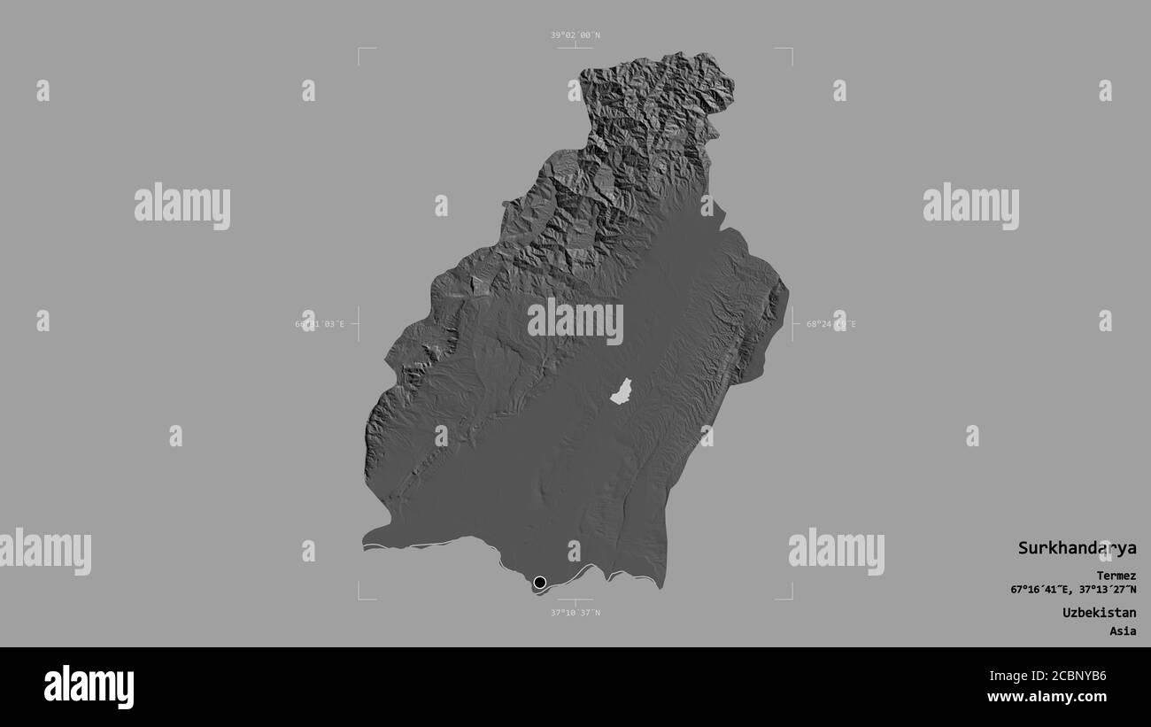 Area of Surkhandarya, region of Uzbekistan, isolated on a solid ...