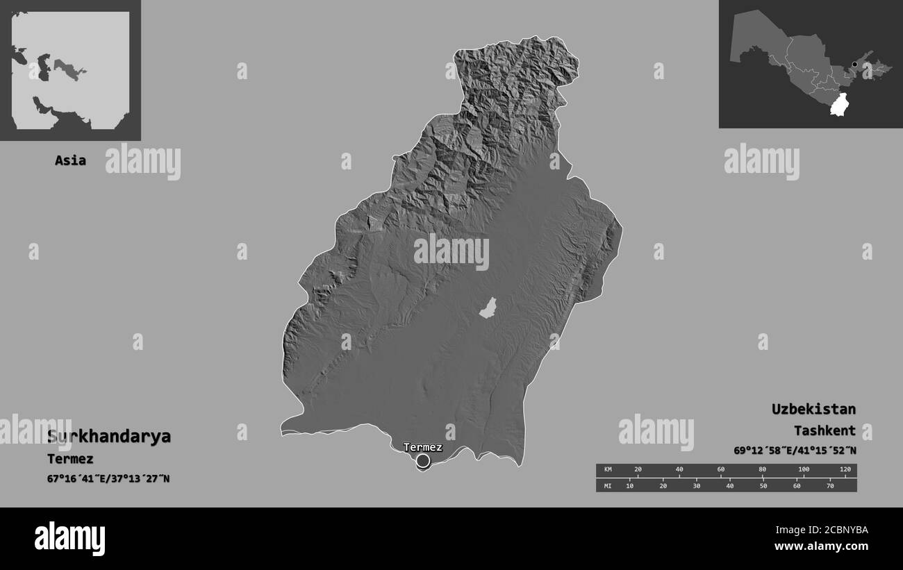 Shape of Surkhandarya, region of Uzbekistan, and its capital. Distance ...