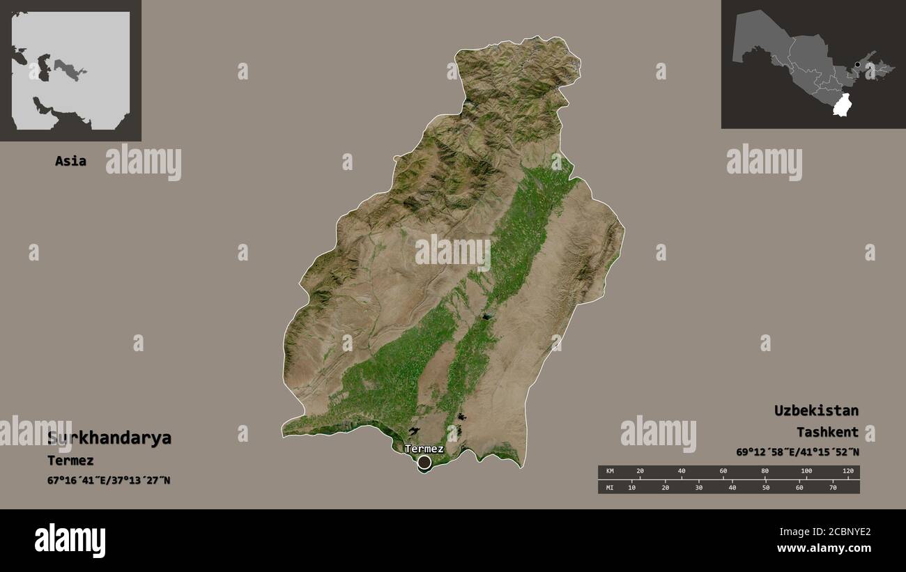 Shape of Surkhandarya, region of Uzbekistan, and its capital. Distance ...