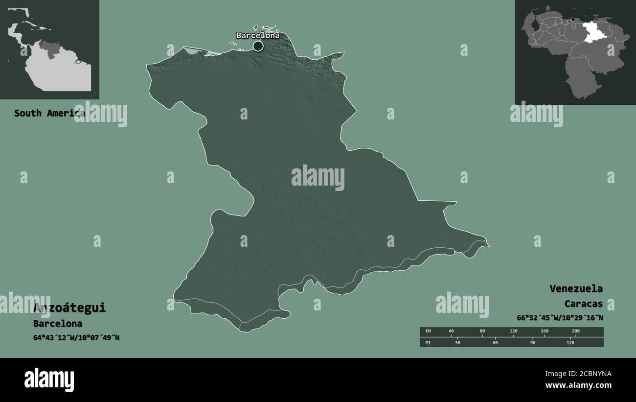 Shape of Anzoátegui, state of Venezuela, and its capital. Distance ...