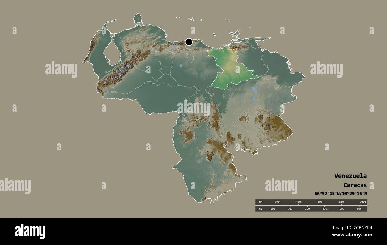 Desaturated shape of Venezuela with its capital, main regional division ...