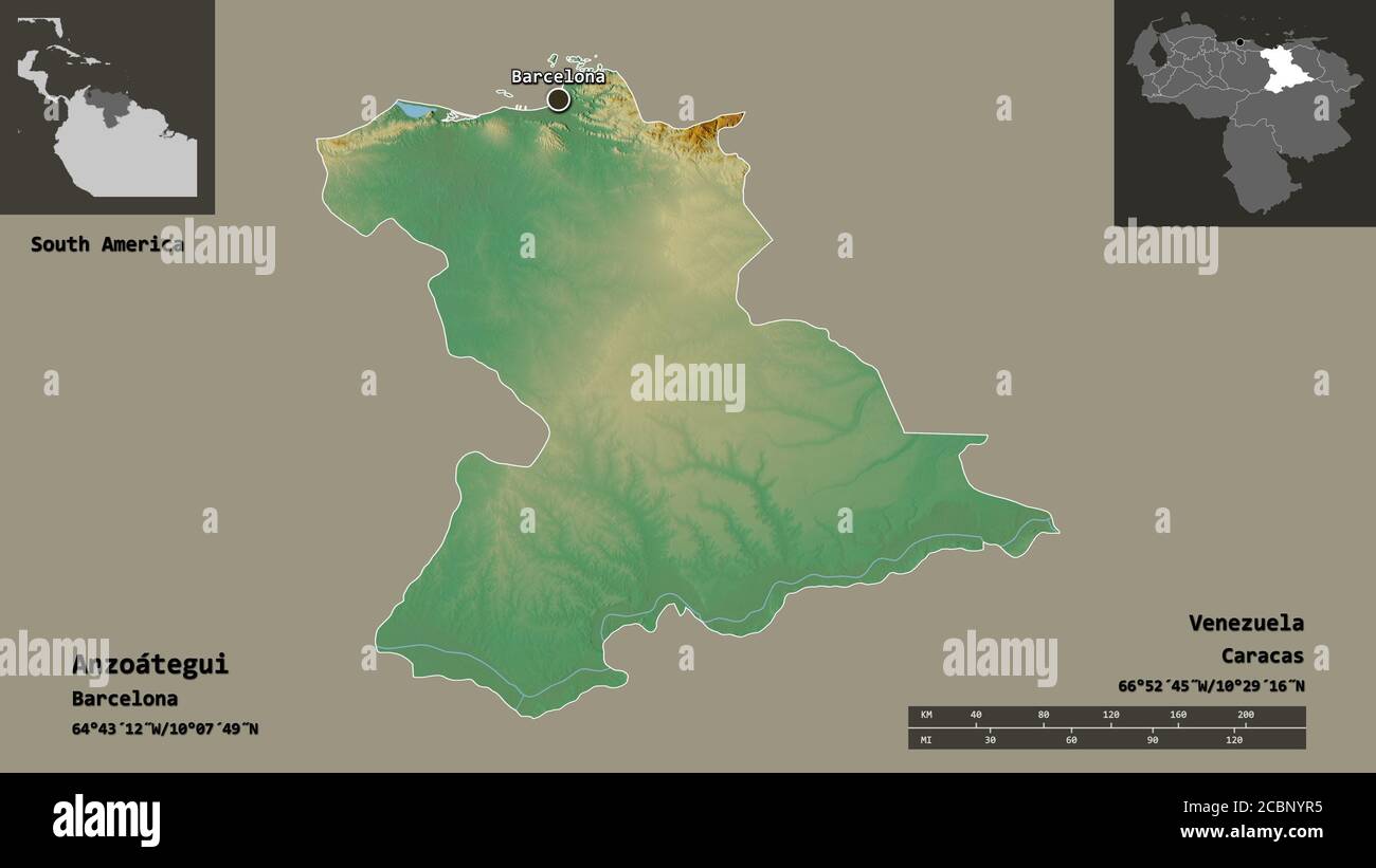 Shape of Anzoátegui, state of Venezuela, and its capital. Distance ...